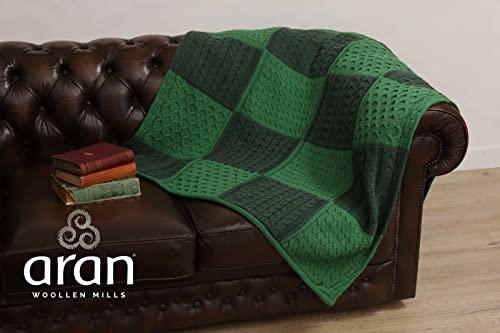 Aran Woollen Mills Irish Knit Blanket Merino Wool Patchwork Intarsia Throw Made in Ireland (Kiwi/Connemara Green)