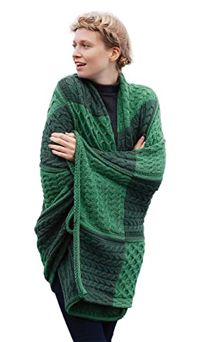 Aran Woollen Mills Irish Knit Blanket Merino Wool Patchwork Intarsia Throw Made in Ireland (Kiwi/Connemara Green)