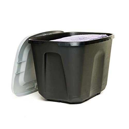Homz Plastic Storage Tote Box, With Lid, 10 Gallon, Black and Silver, Stackable, 1-Pack