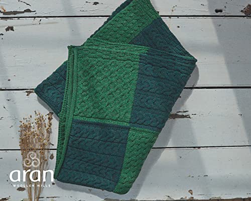 Aran Woollen Mills Irish Knit Blanket Merino Wool Patchwork Intarsia Throw Made in Ireland (Kiwi/Connemara Green)