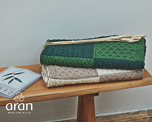 Aran Woollen Mills Irish Knit Blanket Merino Wool Patchwork Intarsia Throw Made in Ireland (Kiwi/Connemara Green)