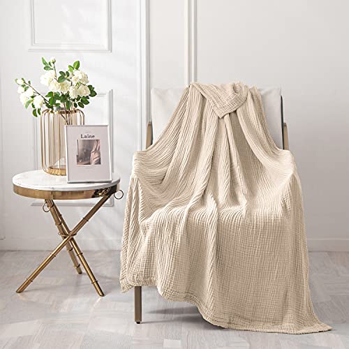 EMME Cotton Throw Blanket 100% Muslin Soft Blanket for Couch 4-Layer Breathable Gauze Blanket All Season Soft and Lightweight Pre-Washed Cotton Blanket (Light Tan, 55"x75")