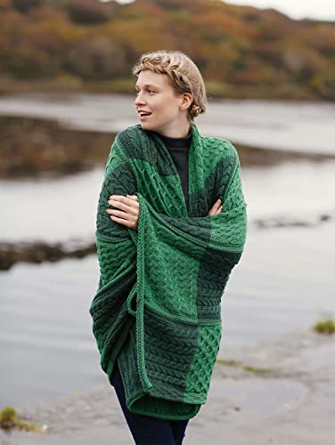 Aran Woollen Mills Irish Knit Blanket Merino Wool Patchwork Intarsia Throw Made in Ireland (Kiwi/Connemara Green)