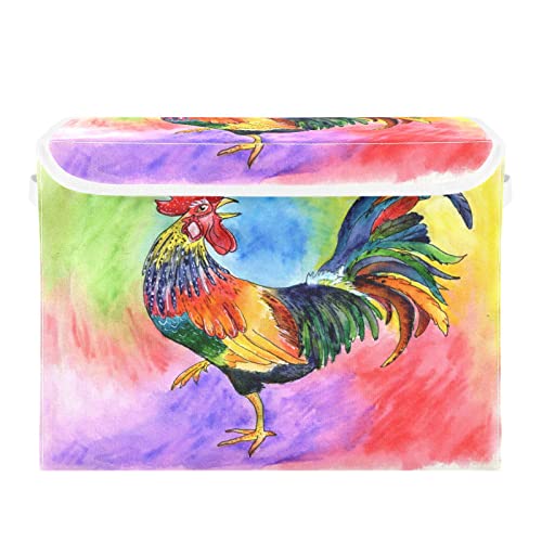 Colorful Rooster Storage Basket Rainbow Storage Bin Box with Lids and Handle Large Collapsible Storage Cube Box for Shelves Bedroom Closet Office 16.5x12.6x11.8 In