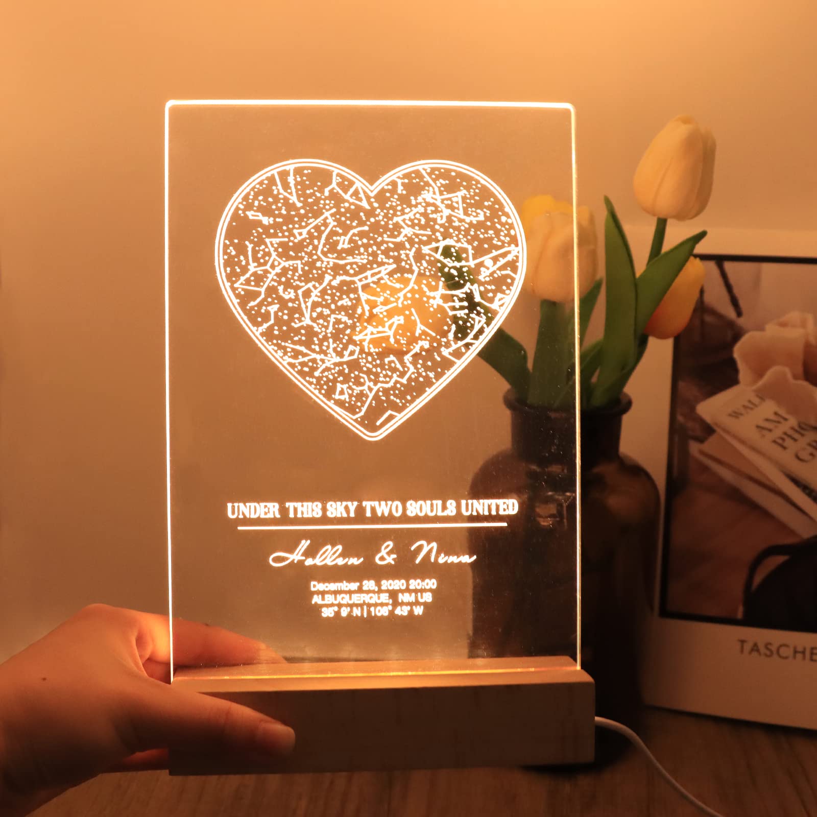 ALBK Custom Star Map - Personalized Star Constellation Map with Light Art Print Acrylic Plaque Led Gift for Special Date Couples Anniversary Engagement Birthday Heart Shape