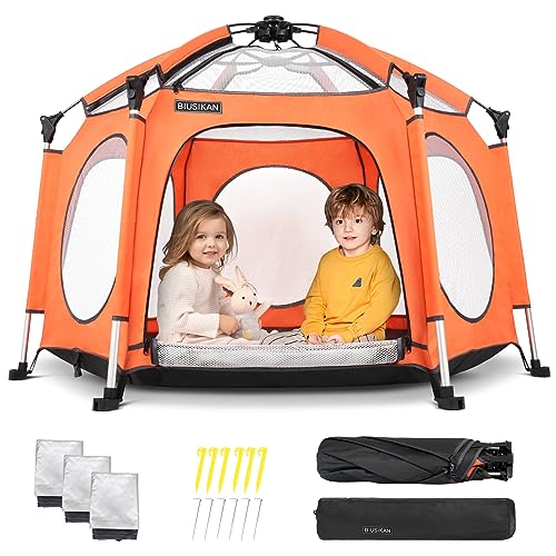 Baby Playpen, BIUSIKAN Premium Portable Baby Beach Tent, Lightweight Pop Up Pack and Play Baby Play Yard with Canopy and Travel Bag, Toddler Playpen for Indoor/Outdoor use - Orange