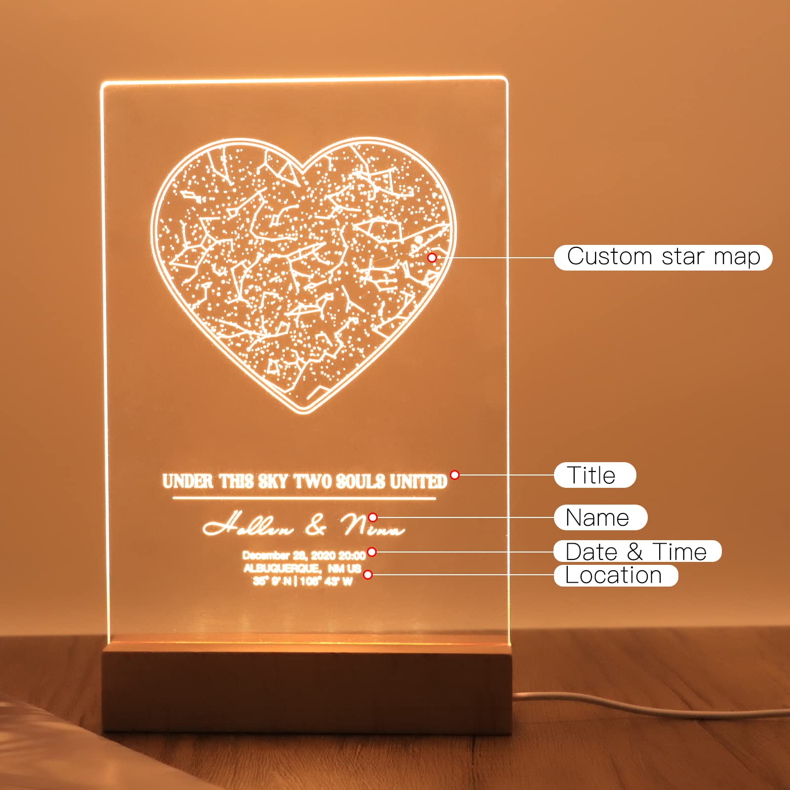 ALBK Custom Star Map - Personalized Star Constellation Map with Light Art Print Acrylic Plaque Led Gift for Special Date Couples Anniversary Engagement Birthday Heart Shape