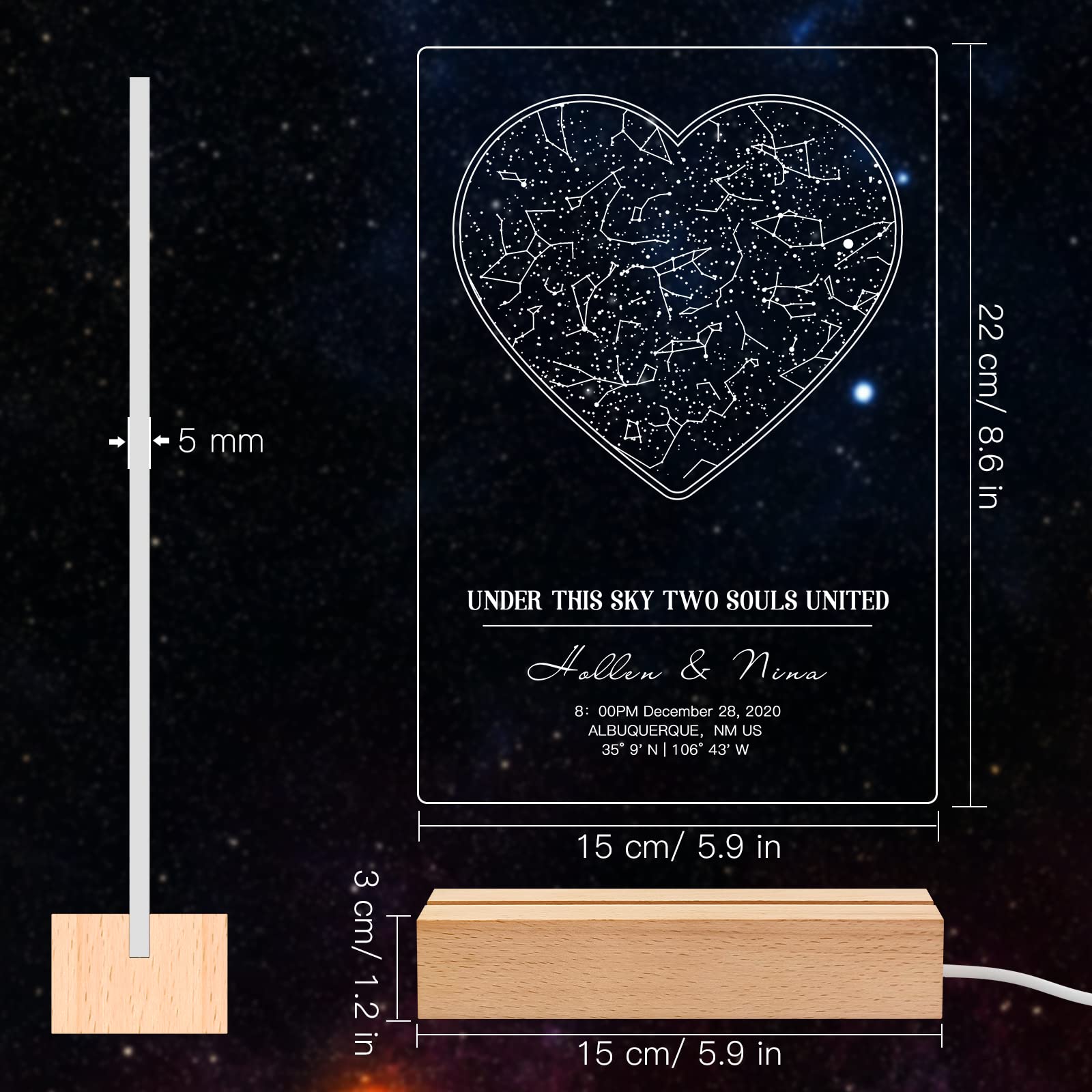 ALBK Custom Star Map - Personalized Star Constellation Map with Light Art Print Acrylic Plaque Led Gift for Special Date Couples Anniversary Engagement Birthday Heart Shape
