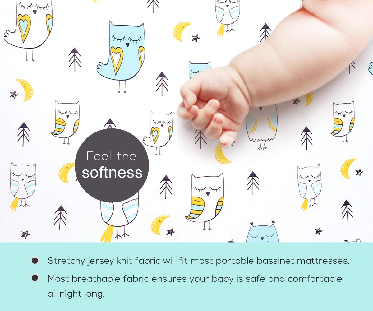 Stretchy Bassinet Sheet Set BROLEX 2 Pack Snug Fitted Cradle Fitted Sheets for Bassinet Pads/Mattress, for Boys Girls,Unisex,Ultra Soft Breathable,Arrow Owl