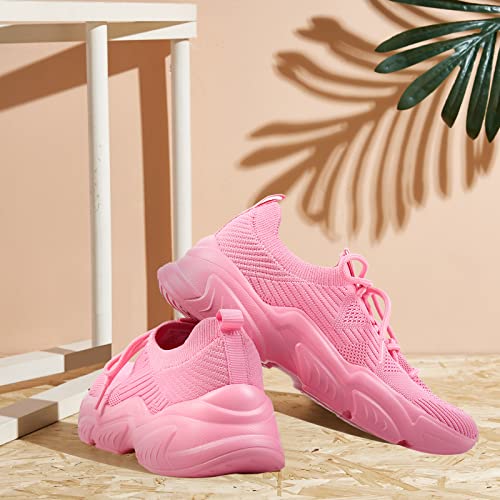 Hasina Womens Walking Shoes Slip On Mesh White and Hot Pink Sneakers Lightweight Breathable Comfortable Casual Running Shoes （Pink,7）