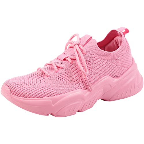 Hasina Womens Walking Shoes Slip On Mesh White and Hot Pink Sneakers Lightweight Breathable Comfortable Casual Running Shoes (Pink,7)