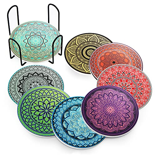 Mandala Drink Coasters with Holder - 8 Set Ceramic Boho Coasters for Drinks Absorbent with Cork Base and Black Holder - Coasters for Coffee Table Apartment Wooden Bar Mug Glasses Cup Beer