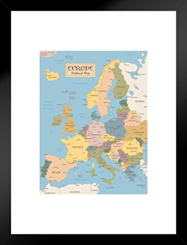 Vintage Map of Europe Travel World Political Map Cities in Detail Map Posters for Wall Map Art Wall Decor Geographical Illustration Tourist Travel Destinations Matted Framed Wall Art Decor 20x26