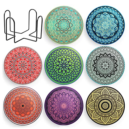 Mandala Drink Coasters with Holder - 8 Set Ceramic Boho Coasters for Drinks Absorbent with Cork Base and Black Holder - Coasters for Coffee Table Apartment Wooden Bar Mug Glasses Cup Beer