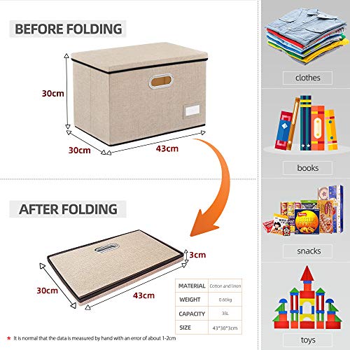 Large Foldable Fabric Storage Bins with Lids Washable Transparent Slot Design [4-Pack]Fashionable Decorative Collapsible Linen Organizer Box Used For Clothes Toys Books CDS Home Closet Bedroom Office