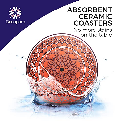 Mandala Drink Coasters with Holder - 8 Set Ceramic Boho Coasters for Drinks Absorbent with Cork Base and Black Holder - Coasters for Coffee Table Apartment Wooden Bar Mug Glasses Cup Beer