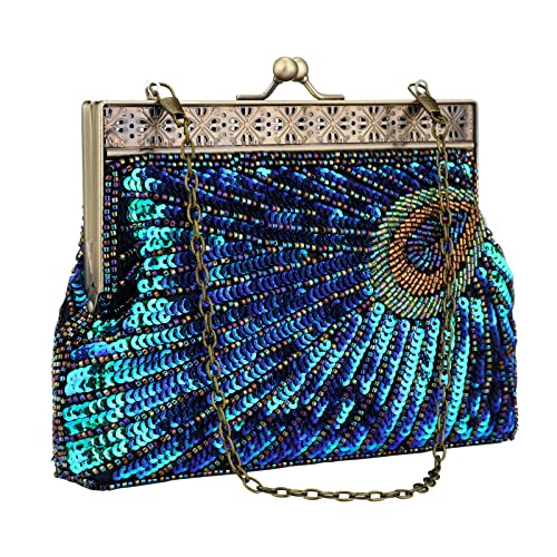 Vistatroy Vintage Style Beaded And Sequined Evening Bag Wedding Party Handbag Clutch Purse for Women Evening (Peacock blue)