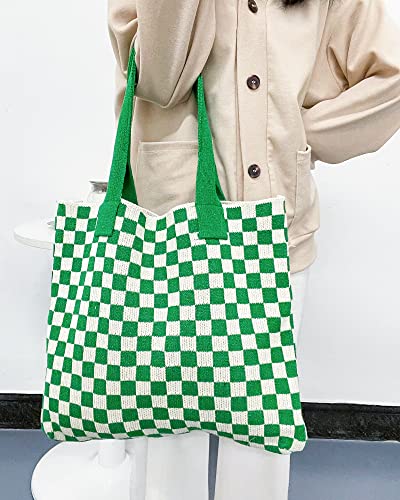 Stizimn Crochet Tote Bag for Women Shoulder Bag Handbags Knitting Hobo Bag Aesthetic Handmade Weaving Large Capacity (Checkerboard Pattern Green)