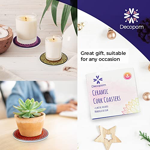 Mandala Drink Coasters with Holder - 8 Set Ceramic Boho Coasters for Drinks Absorbent with Cork Base and Black Holder - Coasters for Coffee Table Apartment Wooden Bar Mug Glasses Cup Beer
