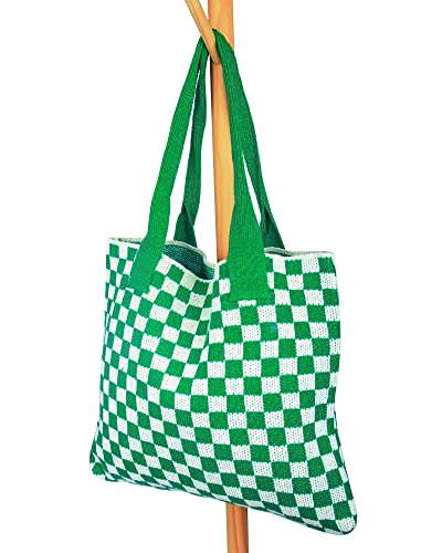 Stizimn Crochet Tote Bag for Women Shoulder Bag Handbags Knitting Hobo Bag Aesthetic Handmade Weaving Large Capacity (Checkerboard Pattern Green)