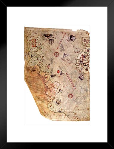 Piri Reis 1513 Historical World Map Travel World Map with Cities in Detail Map Posters for Wall Map Art Wall Decor Geographical Illustration Travel Destinations Matted Framed Wall Art Decor 20x26