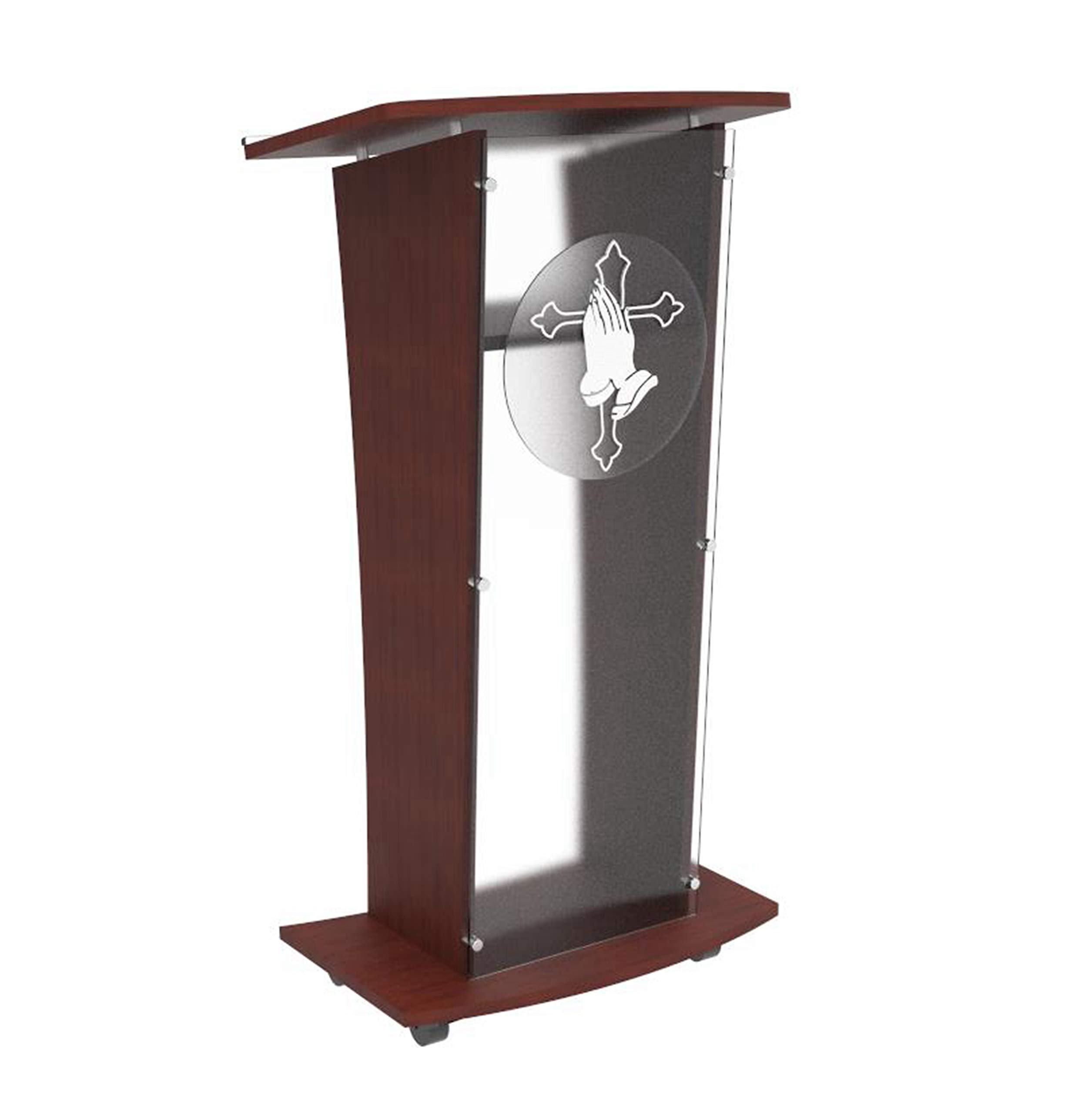 FixtureDisplays® Wood Podium with Frost Acrylic Front Panel, 46.5" Tall Pulpit Lectern with Pray Hand Decor, Easy Assembly Required 1803-5+12152