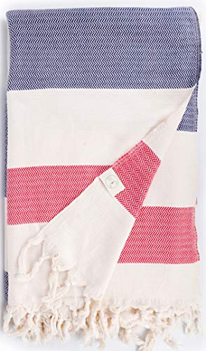 Bersuse 100% Cotton Aspendos XL Throw Blanket Turkish Towel - 60x90 Inches, Dark Blue-Red
