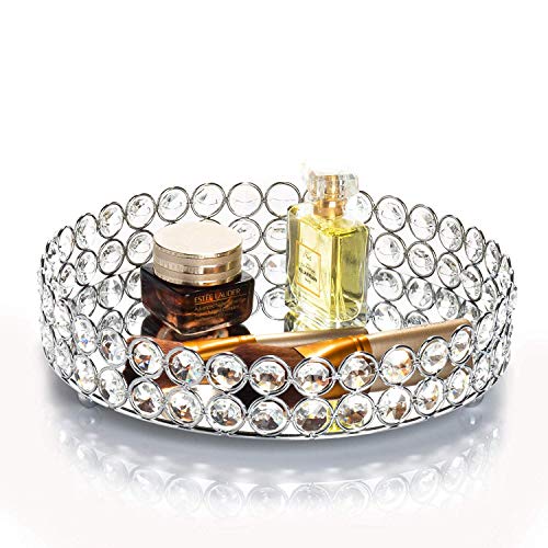 Feyarl Crystal Cosmetic Makeup Tray Jewelry Trinket Tray Organizer Vanity Tray Mirrored Decorative Tray Home Deco Dresser Perfume Skin Care Tray for Christmas Brithday Gift(Round 10" inch) (Silver)
