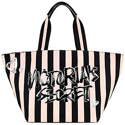 Victoria's Secret Striped Iconic Beauty Tote Pink Black Canvas Bag