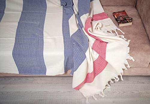 Bersuse 100% Cotton Aspendos XL Throw Blanket Turkish Towel - 60x90 Inches, Dark Blue-Red