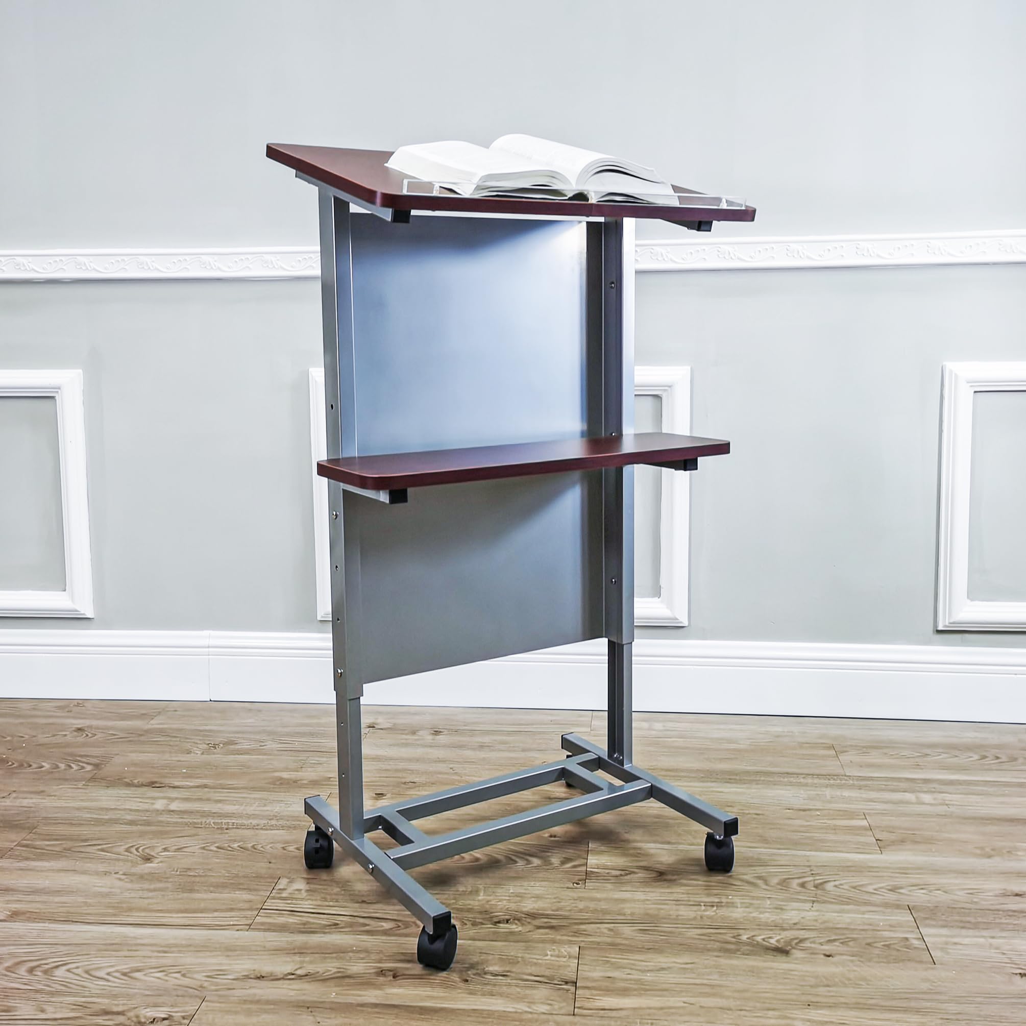 FixtureDisplays® Floor Standing Pulpit Adjustable Height Lectern Podium w/Casters, Heavy Duty Steel Frame, Rolling Podium 18147-NPF