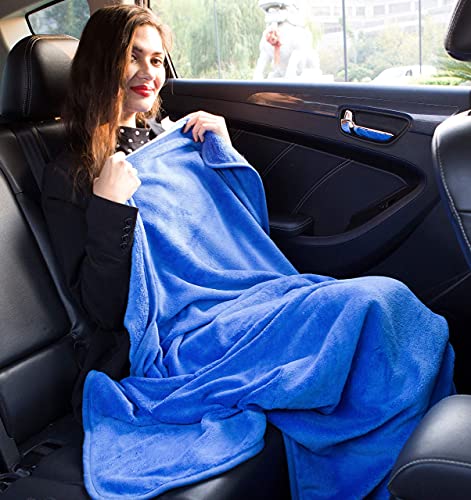 BlueHills Premium Soft Travel Blanket Pillow Airplane Blanket Packed in Soft Bag Pillowcase with Hand Luggage Belt and Backpack Clip, Compact Pack Large Blanket for Any Travel (Royal Blue T003)