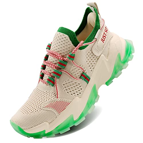 AMLANG Running Shoes Walking Sneakers Women - Tennis Shoes Slip on Mesh Lightweight Breathable Gym Shoes Apricot Size 10.5