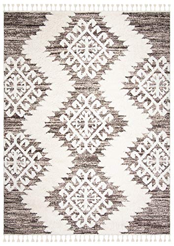 SAFAVIEH Moroccan Tassel Shag Collection 8' x 10' Ivory / Brown MTS652A Boho Non-Shedding Living Room Bedroom Dining Room Entryway Plush 2-inch Thick Area Rug