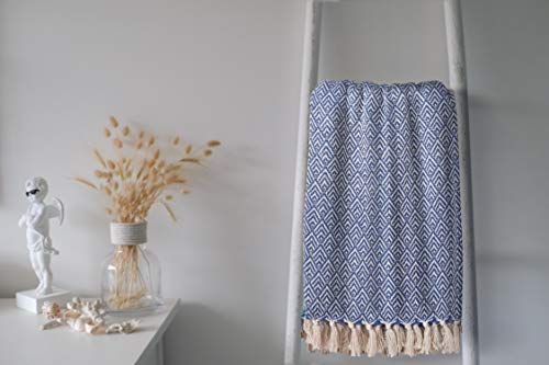 Cotton Chevron Decorative Blue Throw Blanket | Decorative Lightweight Sapphire Beige Geometric Pattered Textured Blankets with Fringe | 65x50 Inch | Sofa Couch Bed Chair Living Room Decor Picnic Beach