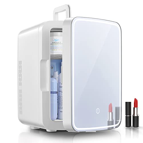 FOHERE Skincare Mini Fridge for Bedroom 10 Liter/11 Can, Portable Mini Fridge for Food, Beverage, Cosmetics, Snacks, Cooler and Warmer Function, AC/DC Small Refrigerator with Mirror, White