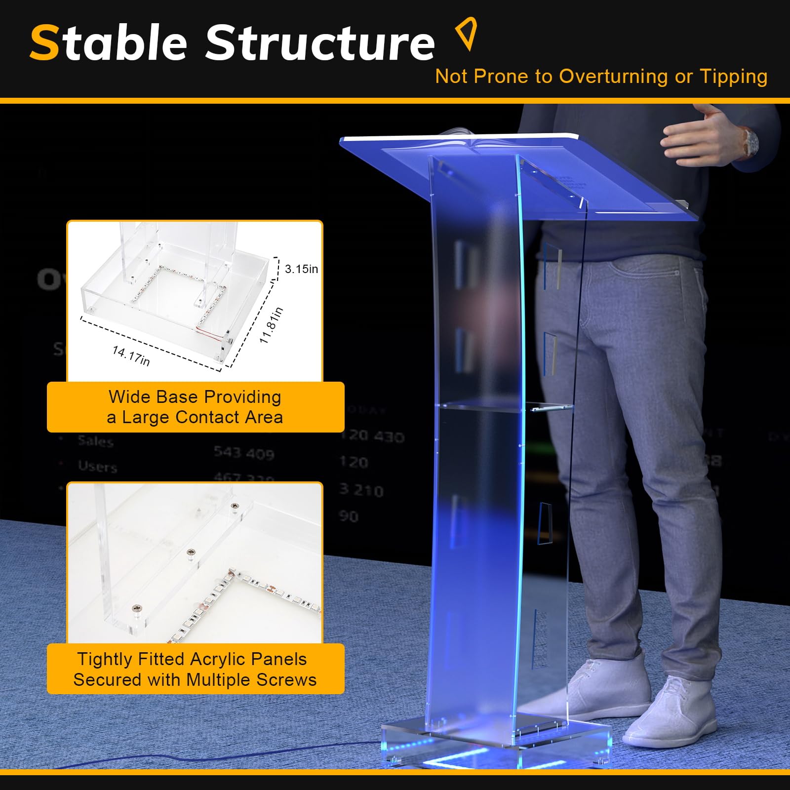 Clear Podium with Light, Acrylic Podium Stand Lecterns & Podiums Pulpits for Churches, Presentation Clear Podium Lectern Church Acrylic Podium Stand for Churches, Weddings, School, Office (US Stock)