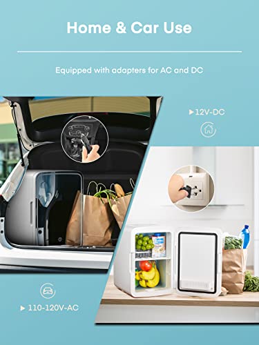 FOHERE Skincare Mini Fridge for Bedroom 10 Liter/11 Can, Portable Mini Fridge for Food, Beverage, Cosmetics, Snacks, Cooler and Warmer Function, AC/DC Small Refrigerator with Mirror, White