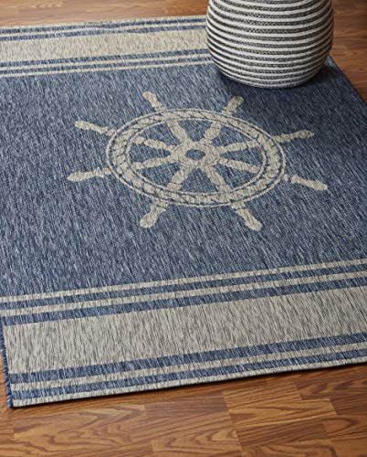 LR Home Captiva Nautical Helm Indoor/Outdoor Area Rug, 5' x 7', Navy/Gray