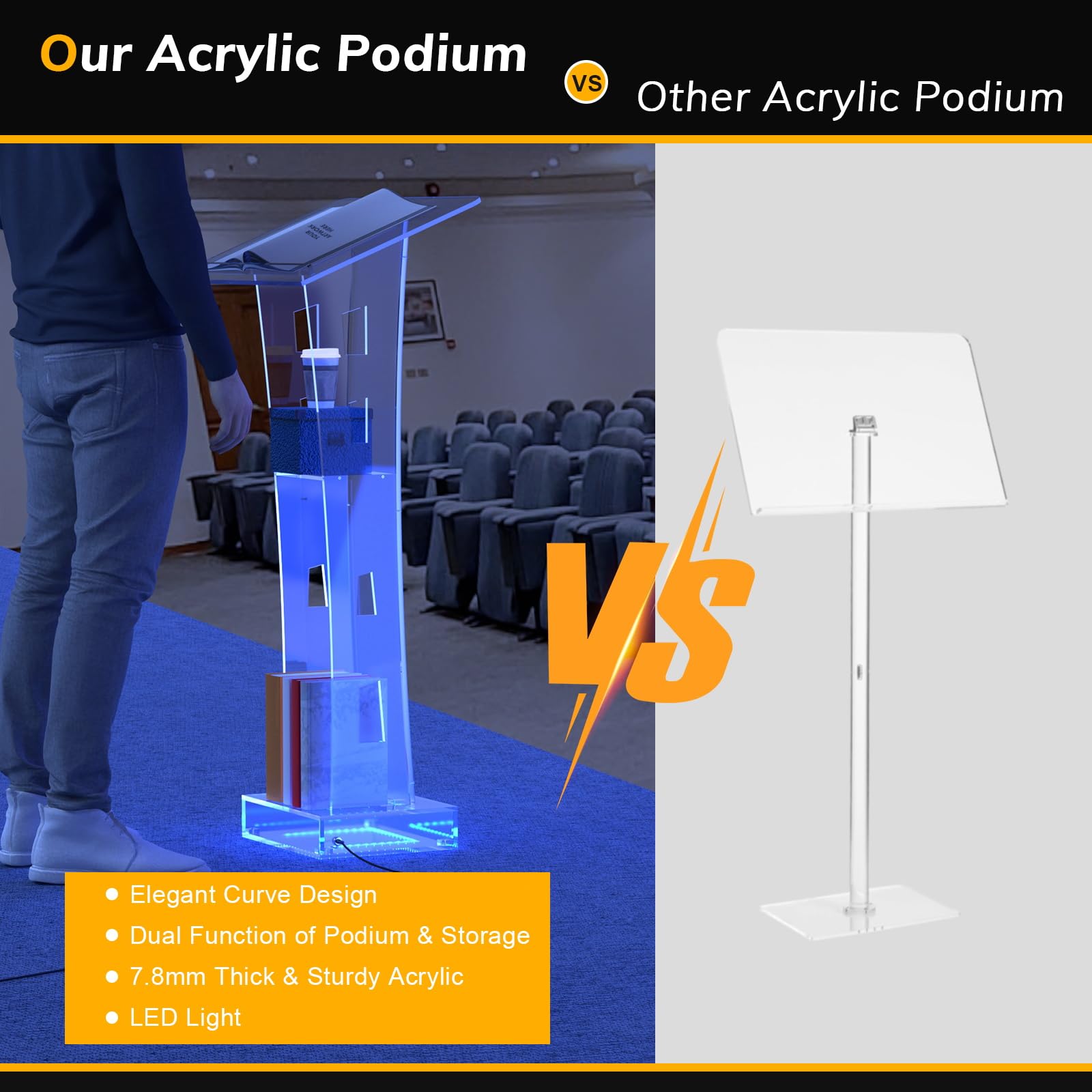 Clear Podium with Light, Acrylic Podium Stand Lecterns & Podiums Pulpits for Churches, Presentation Clear Podium Lectern Church Acrylic Podium Stand for Churches, Weddings, School, Office (US Stock)
