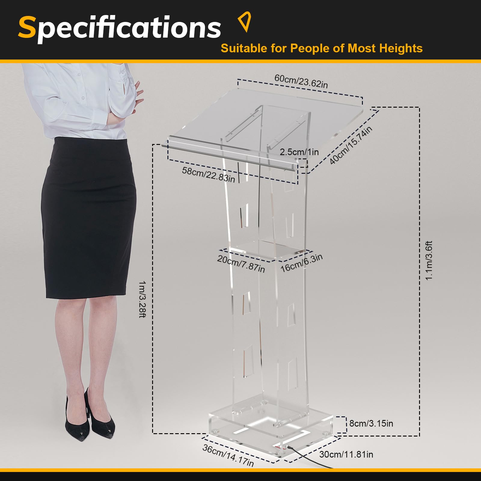 Clear Podium with Light, Acrylic Podium Stand Lecterns & Podiums Pulpits for Churches, Presentation Clear Podium Lectern Church Acrylic Podium Stand for Churches, Weddings, School, Office (US Stock)