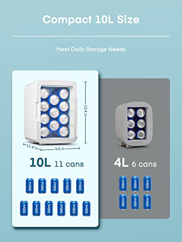 FOHERE Skincare Mini Fridge for Bedroom 10 Liter/11 Can, Portable Mini Fridge for Food, Beverage, Cosmetics, Snacks, Cooler and Warmer Function, AC/DC Small Refrigerator with Mirror, White