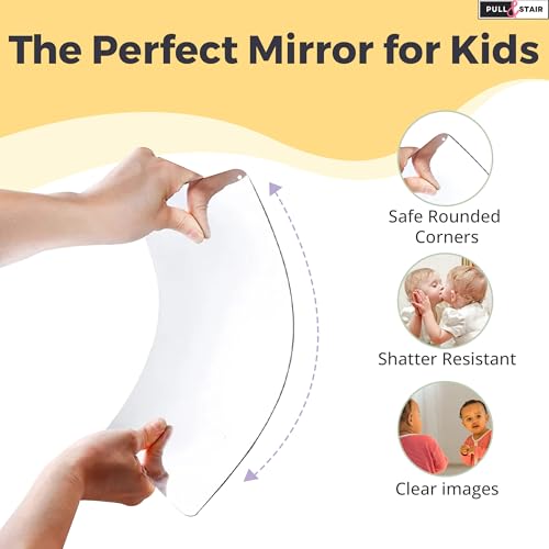 Pull and Stair Unbreakable Kids Wall Mirror - Heavy Duty Plexiglass Acrylic, Rounded Corners, Hardware Included - 2 pcs Set