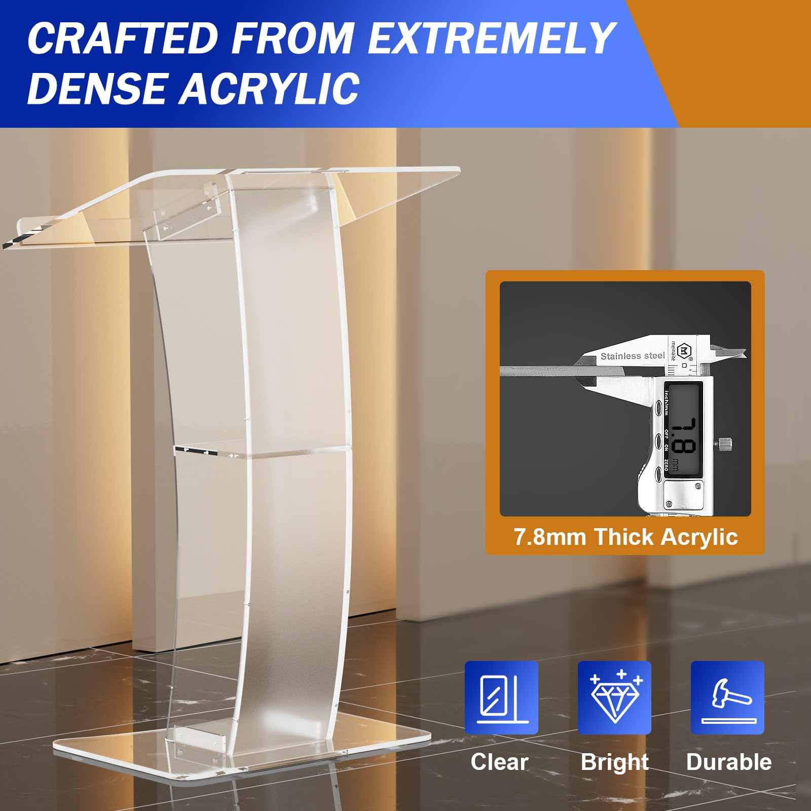 CheriMuMu Acrylic Podium Stand, Modern Durable Acrylic Transparent Arc Podium Professional Clear Presentation Lectern Stand up Floor-Standing Podium for Office, Classroom, Restaurant and More