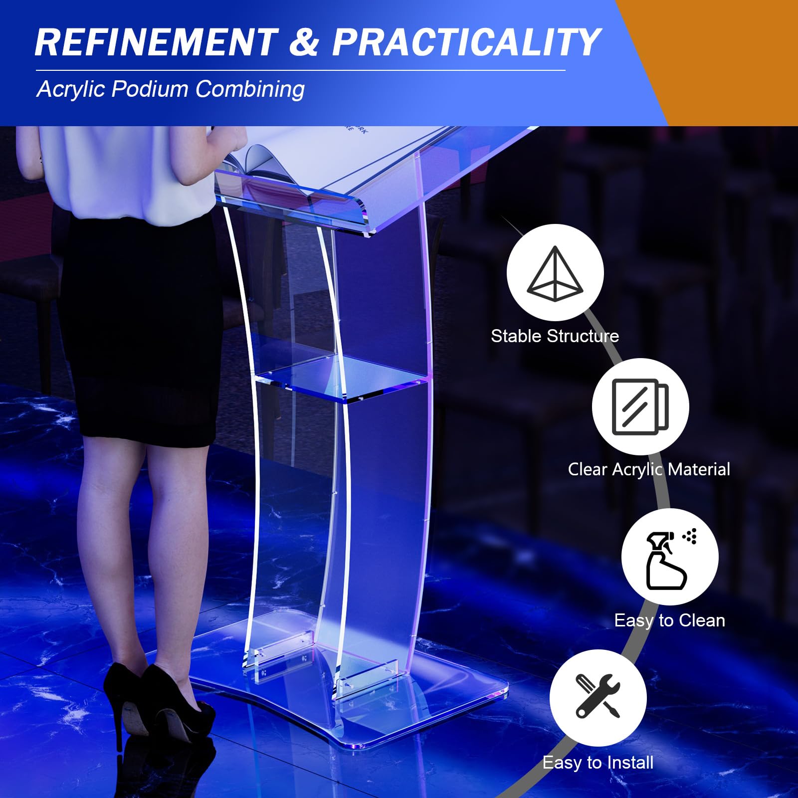 CheriMuMu Acrylic Podium Stand, Modern Durable Acrylic Transparent Arc Podium Professional Clear Presentation Lectern Stand up Floor-Standing Podium for Office, Classroom, Restaurant and More