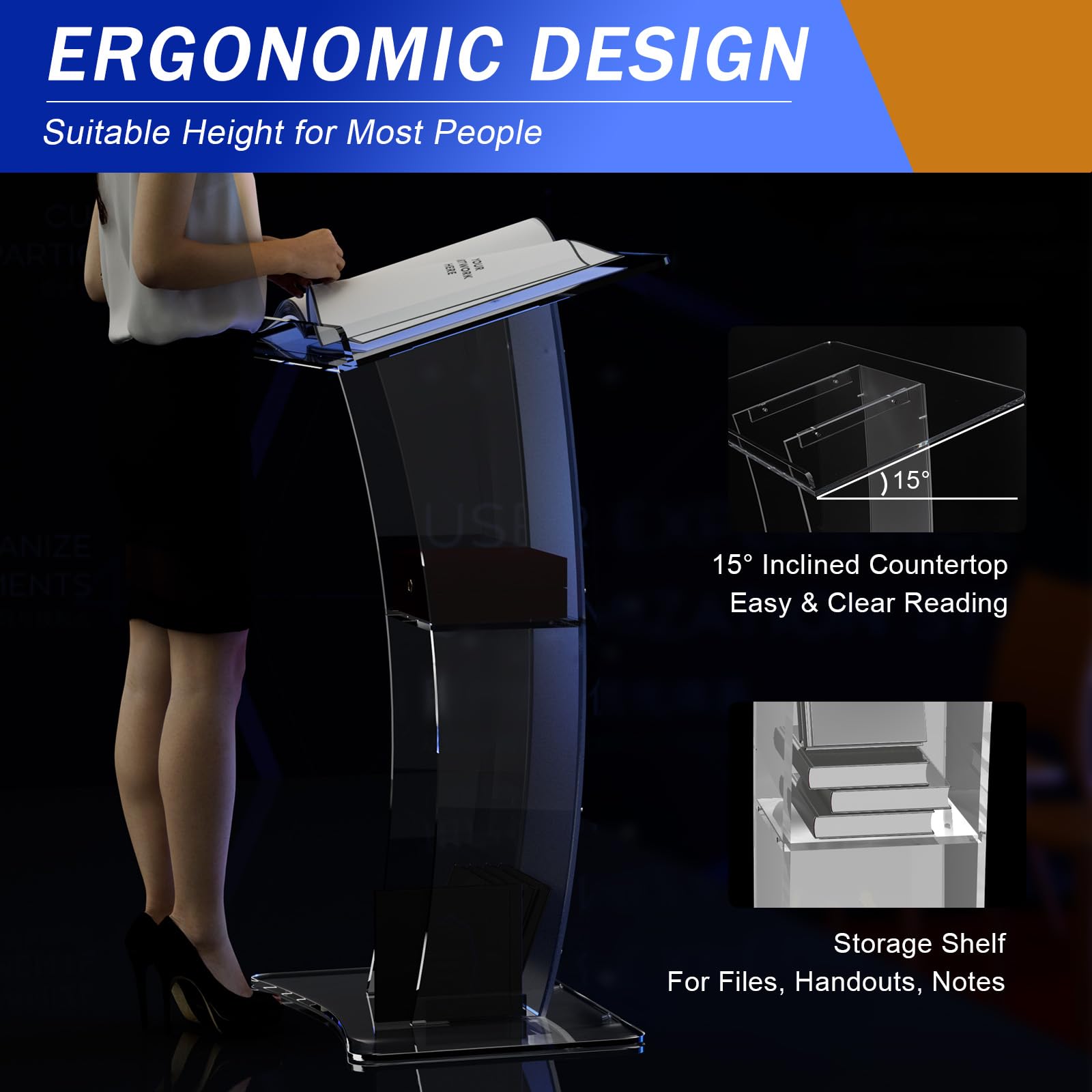 CheriMuMu Acrylic Podium Stand, Modern Durable Acrylic Transparent Arc Podium Professional Clear Presentation Lectern Stand up Floor-Standing Podium for Office, Classroom, Restaurant and More