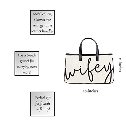 Santa Barbara Design Studio Tote Bag Wedding Collection Black and White 100% Cotton Canvas with Genuine Leather Handles, Large, Wifey