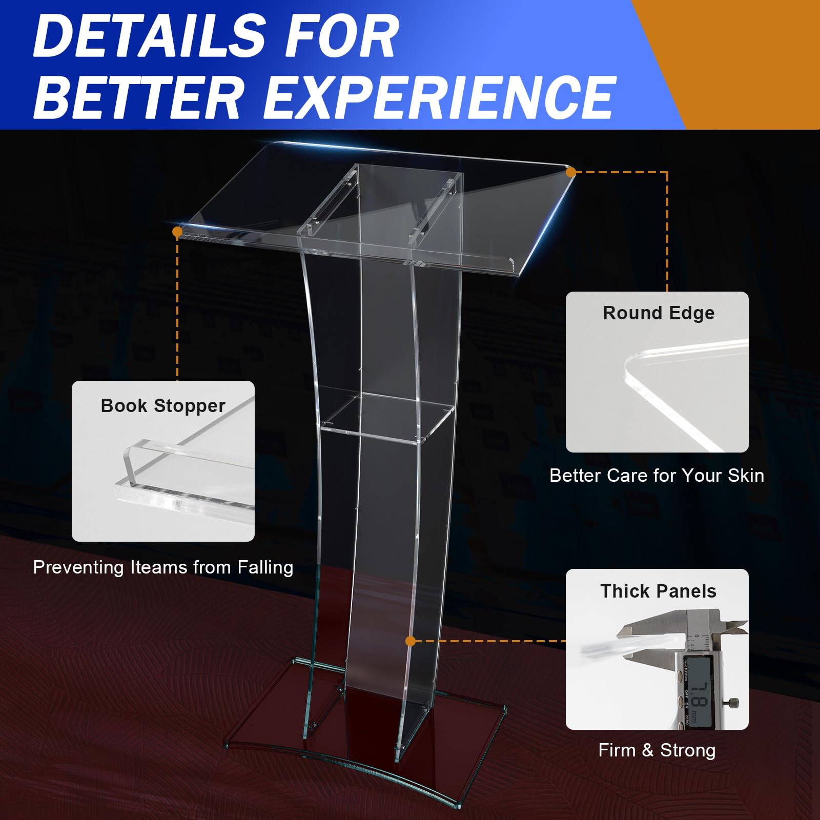 CheriMuMu Acrylic Podium Stand, Modern Durable Acrylic Transparent Arc Podium Professional Clear Presentation Lectern Stand up Floor-Standing Podium for Office, Classroom, Restaurant and More