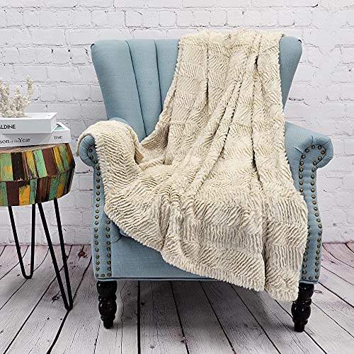 Home Soft Things White Herringbone Brushed Throw Blanket, 60'' x 80'', Beige, Lightweight Fluffy Plush Comfy Cozy Couch Bed Covers Suitable for Kids Adults Friends Home Décor