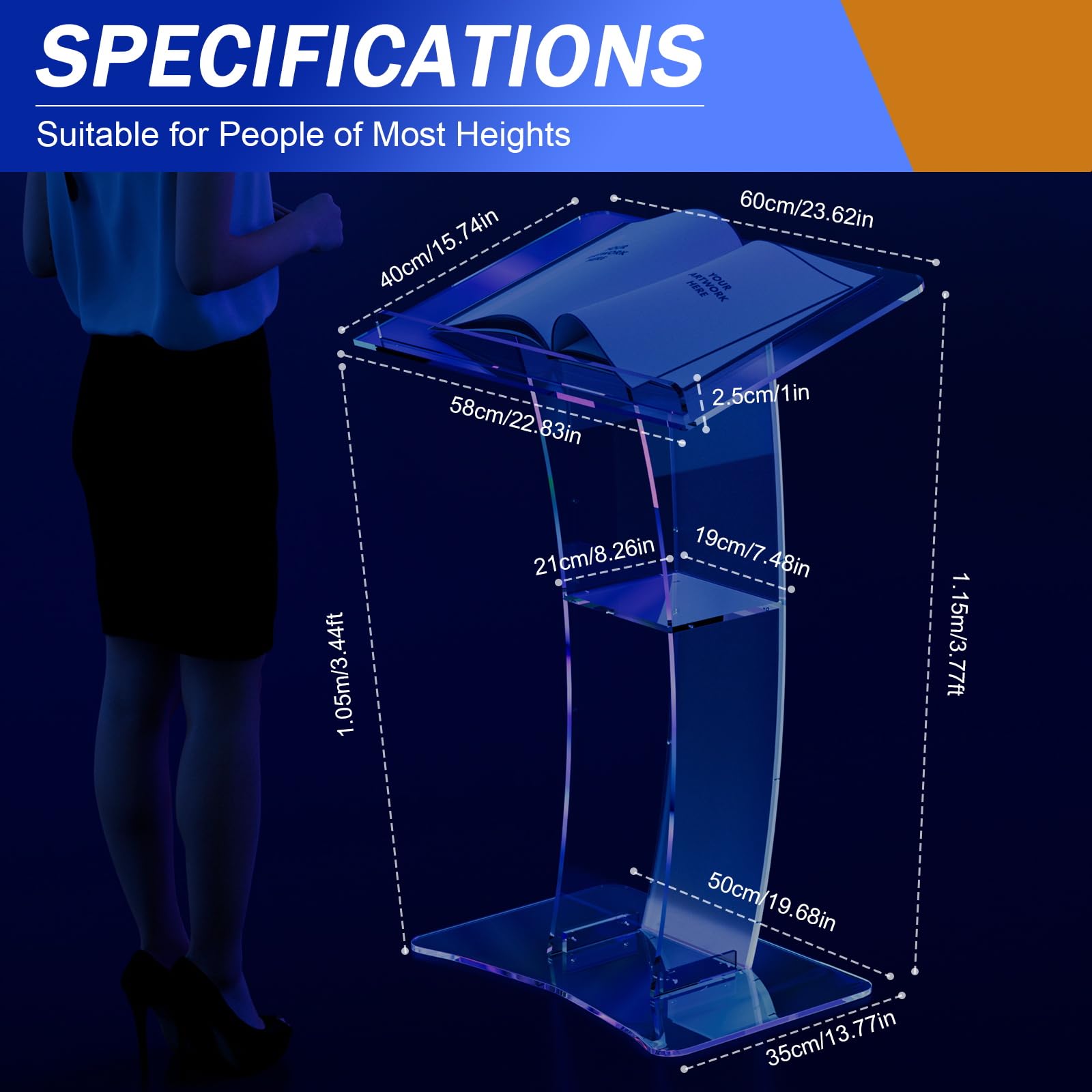 CheriMuMu Acrylic Podium Stand, Modern Durable Acrylic Transparent Arc Podium Professional Clear Presentation Lectern Stand up Floor-Standing Podium for Office, Classroom, Restaurant and More